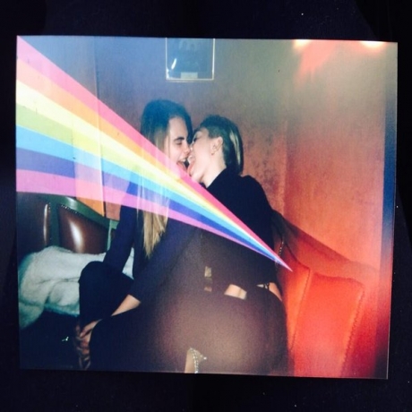 Miley Cyrus and Cara Delevingne Touch Tongues on a Rainbow Couch In ...
